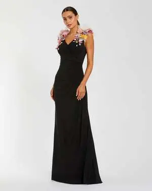 Mac Duggal Black Jersey V-neck Gown With 3d Floral Appliqu