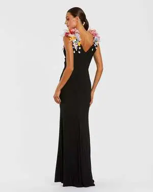 Mac Duggal Black Jersey V-neck Gown With 3d Floral Appliqu