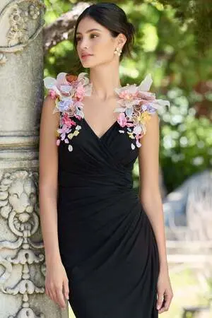 Mac Duggal Black Jersey V-neck Gown With 3d Floral Appliqu