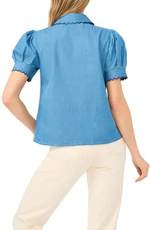 CECE DUPRAZ Scallop Trim Puff Sleeve Button-up Shirt - Light Indigo