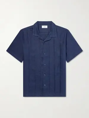 Mr P. Camp-collar Embroidered Pintucked Linen Shirt - Blue