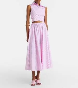 PATOU Pleated Striped Cotton Poplin Midi Skirt - Pink