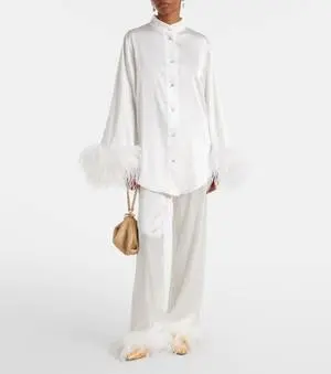 Oseree Feather-trimmed Wide-leg Pants