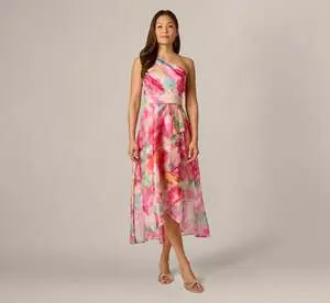 Adrianna Papell One Shoulder Watercolor Organza High-low Midi Dress - Ivory Multi