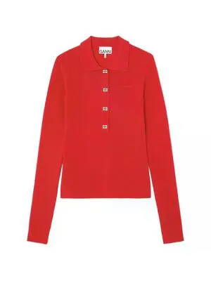 GANNI Logo-button Long-sleeve Polo Shirt - Red