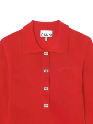 GANNI Logo-button Long-sleeve Polo Shirt - Red