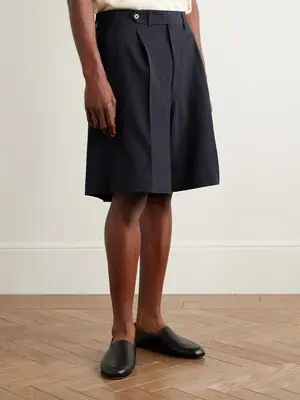 STOFFA Pleated Wool-seersucker Shorts
