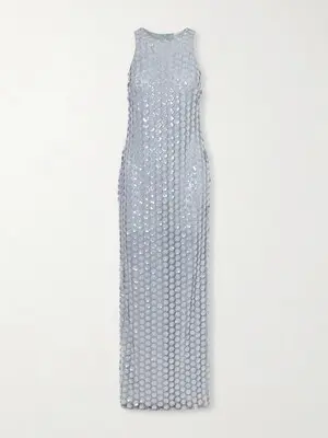 ILKYAZ OZEL The New Arrivals Bixi Floral Embellished Mesh Gown - Silver