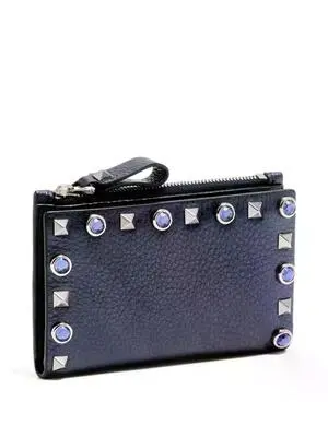 Valentino Garavani Rockstud Cardholder With Zipper In Laminated Calfskin - Blue