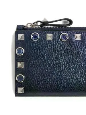 Valentino Garavani Rockstud Cardholder With Zipper In Laminated Calfskin - Blue
