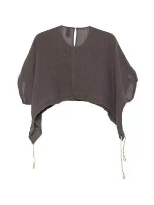120% Lino Asymmetric Tassel Blouse - Brown