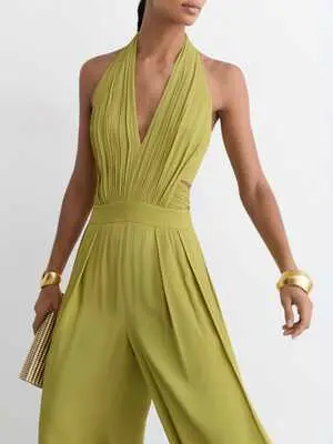 REISS Lainey Halterneck Pleated Wide-leg Jumpsuit