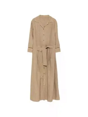 120% Lino Belted Ladder-stitch Midi Dress - Brown