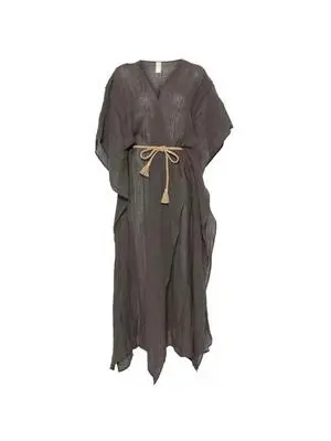 120% Lino Belted Kaftan Maxi Dress - Grey