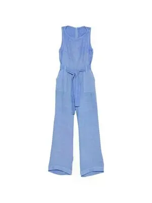 120% Lino Belted Sleeveless Jumpsuit - Blue
