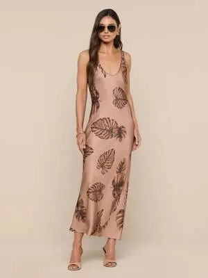 L'Agence Akiya Satin Maxi Dress - Hazelnut Multi Large Palm
