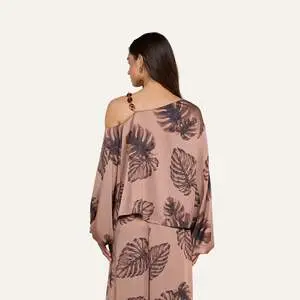 L'AGENCE Asami Chain One-shoulder Blouse Top - Hazelnut Multi Large Palm