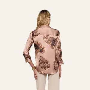 L'Agence Dani Silk Palm Print Blouse - Hazelnut Multi Large Palm