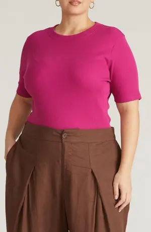 Universal Standard Classic Ribbed Short Sleeve Top Hyper Pink