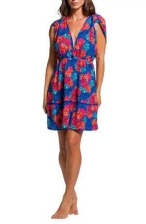Cosita Linda Floral Ruched Sleeve Cover-up Sundress - Blue Multi