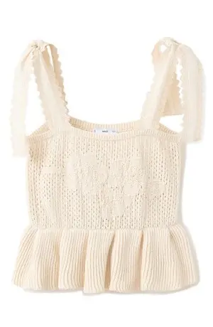 Mango Amelie Tie Shoulder Crochet Peplum Top - Ecru