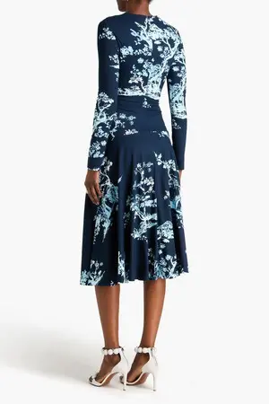 Erdem Gathered Printed Ponte Midi Dress