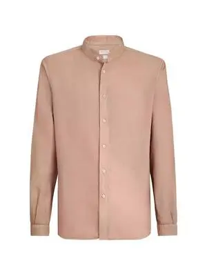 Brunello Cucinelli Garment-dyed Shirt In Cotton And Linen Pinpoint With Mandarin Collar - Neutrals