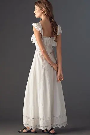 RAHI Ruffle Lace Flutter-sleeve Cotton Maxi Dress