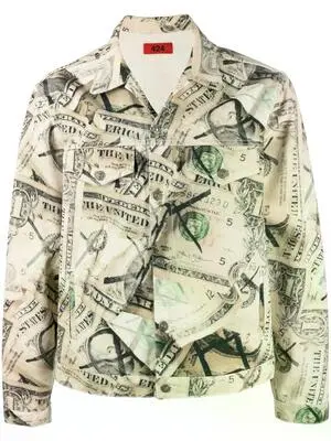 424 Dollar Bill Print Denim Jacket - Neutrals