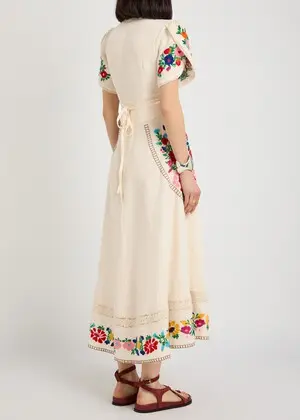 Rixo Novara Floral-embroidered Linen-blend Midi Dress