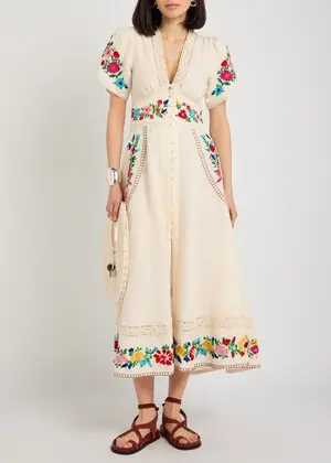 Rixo Novara Floral-embroidered Linen-blend Midi Dress