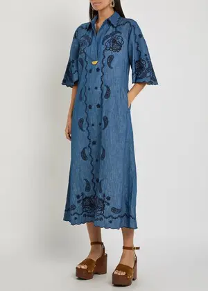 Zimmermann Aster Embroidered Denim Midi Dress - Blue
