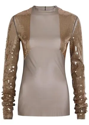 Rick Owens Sequin-embellished Stretch-mesh Top - Light Brown