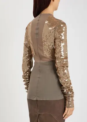Rick Owens Sequin-embellished Stretch-mesh Top - Light Brown