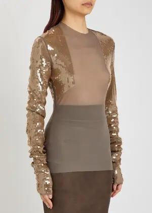 Rick Owens Sequin-embellished Stretch-mesh Top - Light Brown