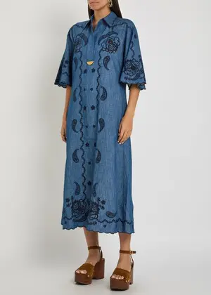 Zimmermann Aster Embroidered Denim Midi Dress