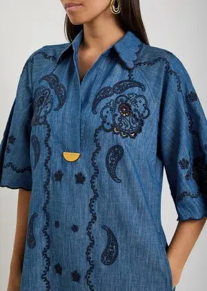 Zimmermann Aster Embroidered Denim Midi Dress