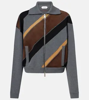 Versace Suede-trimmed Wool-blend Zip-up Sweater - Grey