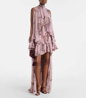 Blumarine Printed Asymmetric Georgette Maxi Skirt - Pink