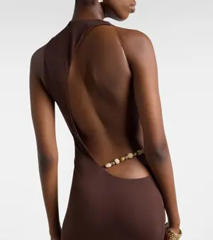 DE LA VALI Maha Beaded Open-back Jersey Gown - Brown
