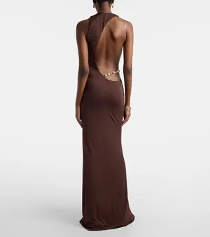 DE LA VALI Maha Beaded Open-back Jersey Gown - Brown