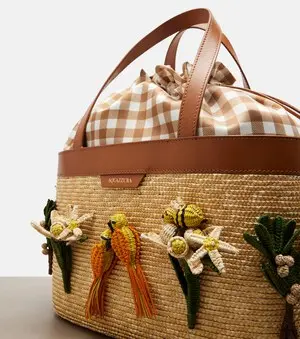 AQUAZZURA Birdsong Appliqué Raffia Tote Bag