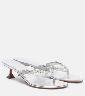Amina Muaddi Janis Embellished Leather Thong Sandals - Silver