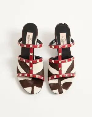 Valentino Garavani Rockstud Pony-effect Calfskin Slide Sandal - White/brown/red