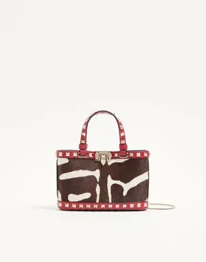 Valentino Garavani Rockstud Mini Shopping Bag In Pony-effect Calfskin - White/brown/red