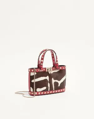 Valentino Garavani Rockstud Mini Shopping Bag In Pony-effect Calfskin - White/brown/red