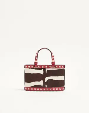 Valentino Garavani Rockstud Mini Shopping Bag In Pony-effect Calfskin - White/brown/red