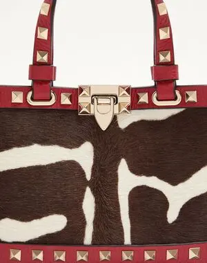 Valentino Garavani Rockstud Mini Shopping Bag In Pony-effect Calfskin - White/brown/red