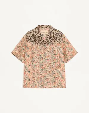 Valentino Garavani Bowling Shirt In Silk Poplin With Fauve Eclat Animalier And Papier Floral Prints - Multicolour