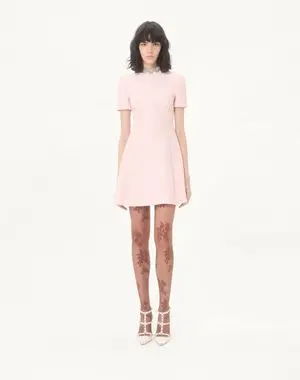Valentino Garavani Embroidered Crinkle Cotton Tweed Short Dress - Pink/silver